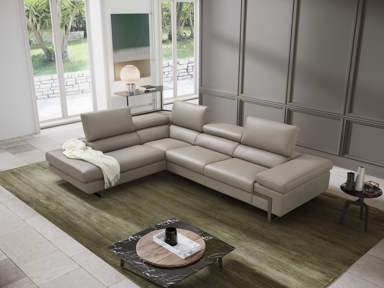 Giana Left Facing Sectional In Light Grey Leather | INspiration Interiors
